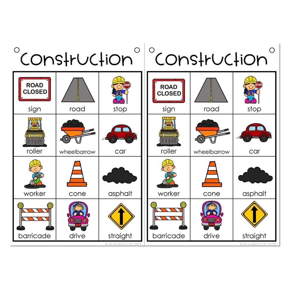 Themed Vocabulary Word Lists - Construction - Lucky Little Learners