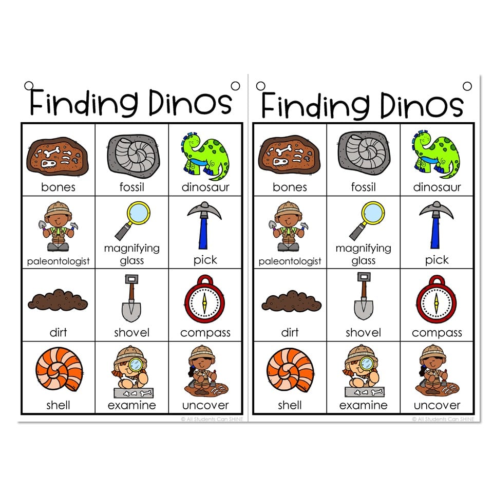 Themed Vocabulary Word Lists - Finding Dinos - Lucky Little Learners