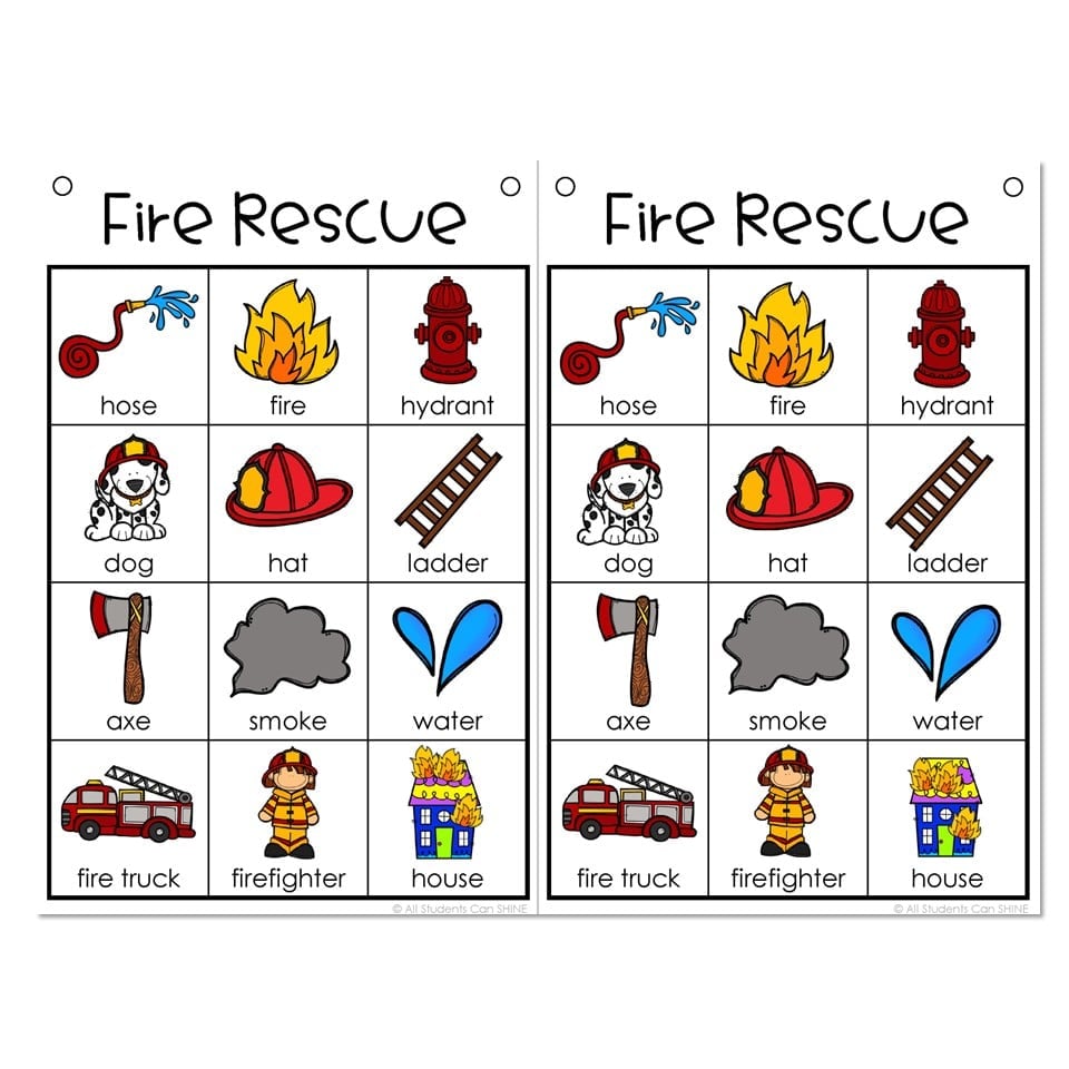 Themed Vocabulary Word Lists - Fire Rescue - Lucky Little Learners
