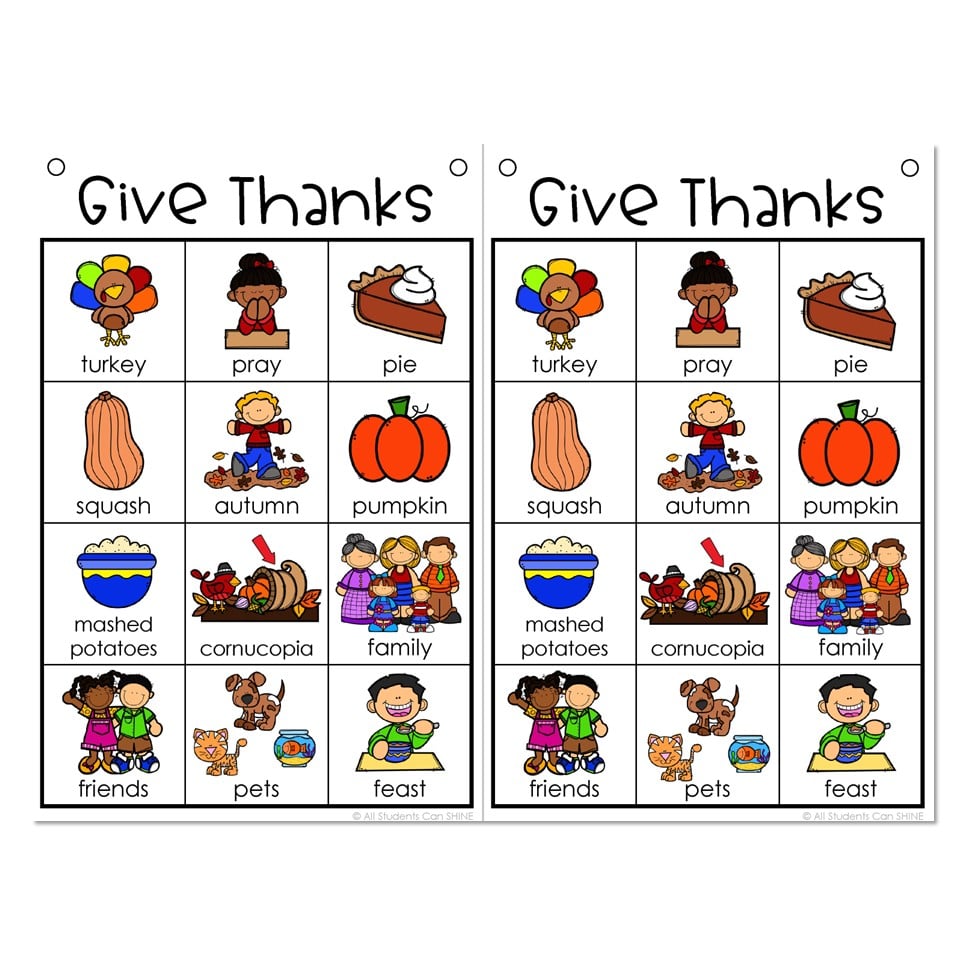 Themed Vocabulary Word Lists - Give Thanks - Lucky Little Learners