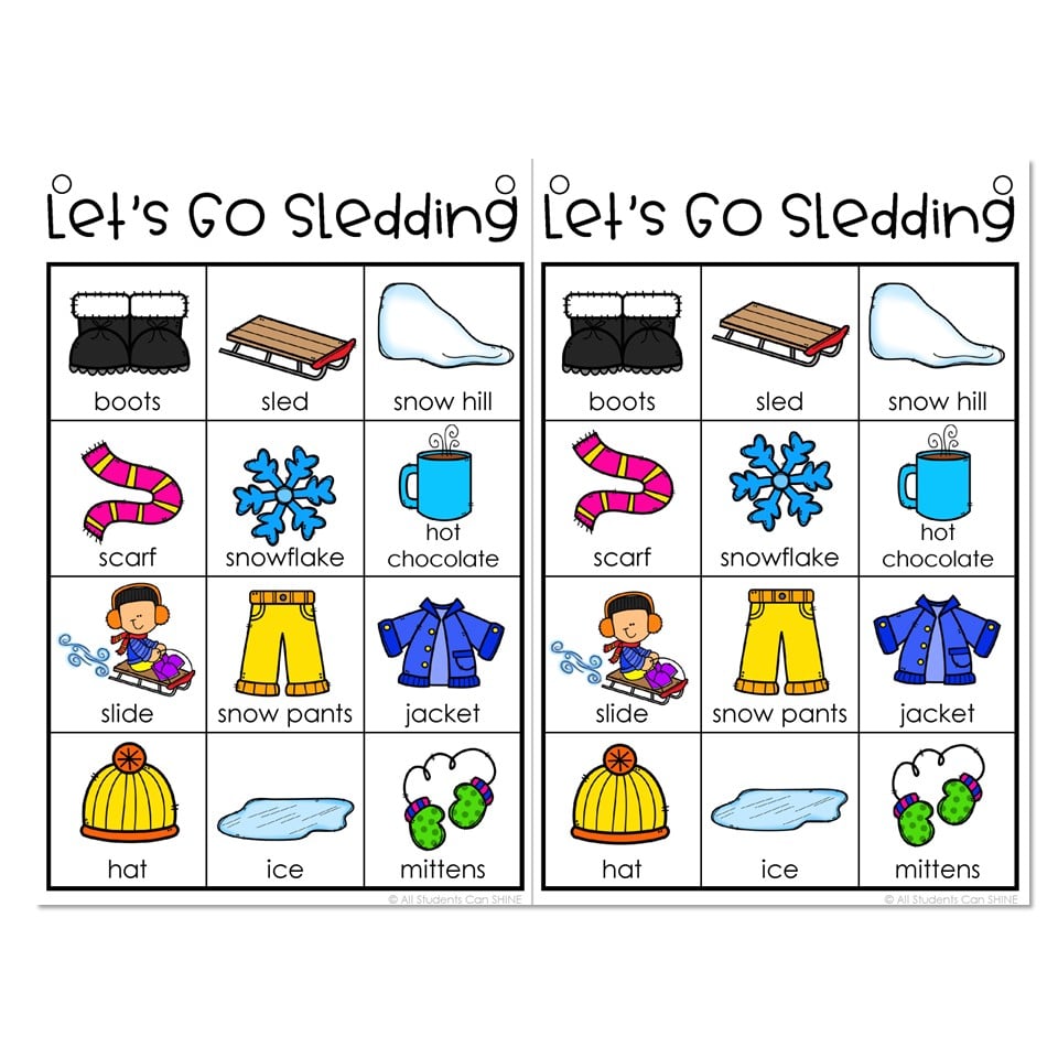 Themed Vocabulary Word Lists - Let's Go Sledding - Lucky Little Learners