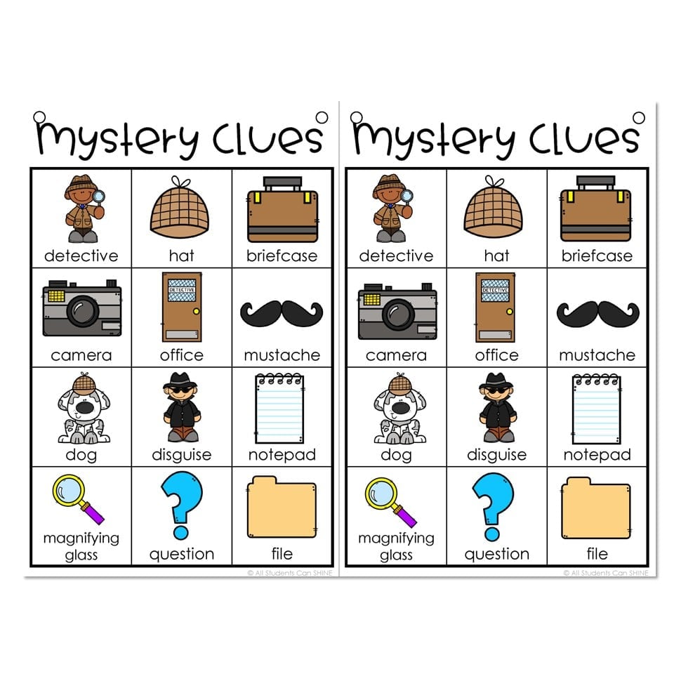 Themed Vocabulary Word Lists - Mystery Clues - Lucky Little Learners
