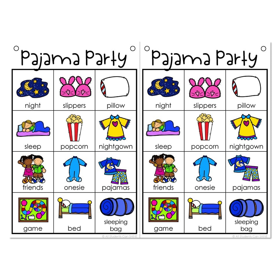 Themed Vocabulary Word Lists - Pajama Party - Lucky Little Learners