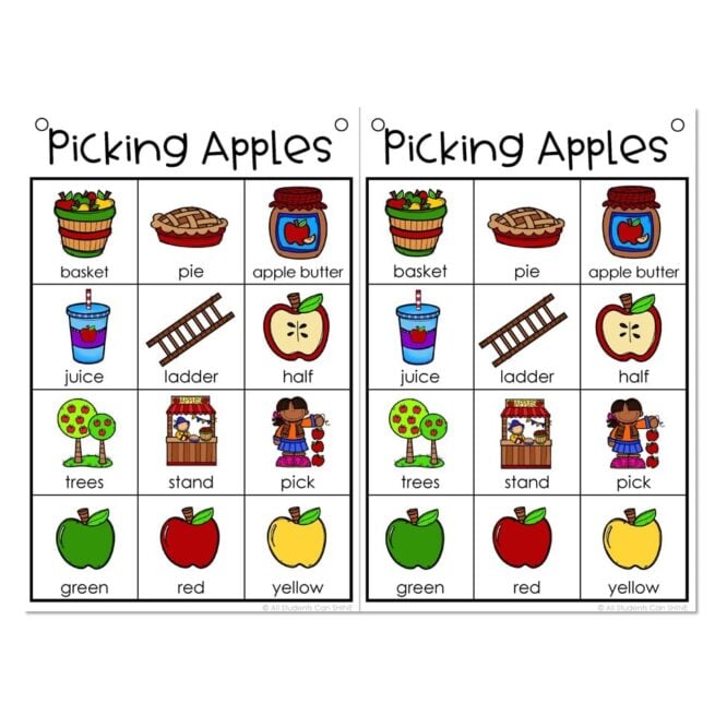 Themed Vocabulary Word Lists - Picking Apples - Lucky Little Learners
