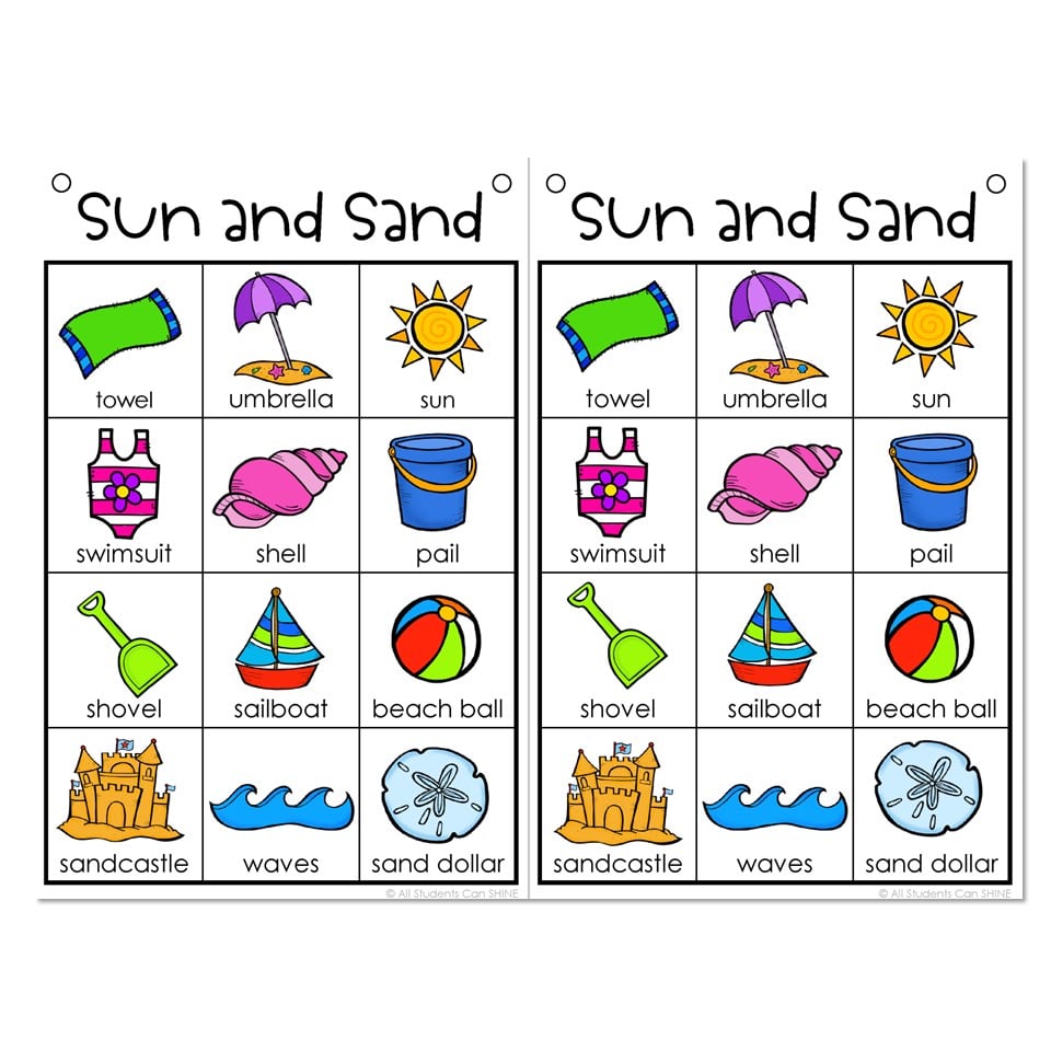 Themed Vocabulary Word Lists - Sun and Sand - Lucky Little Learners