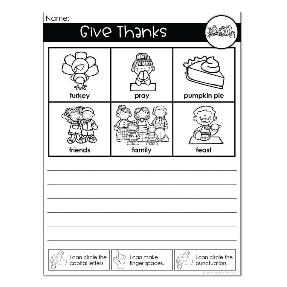 Writing with Word Lists - Give Thanks - Lucky Little Learners