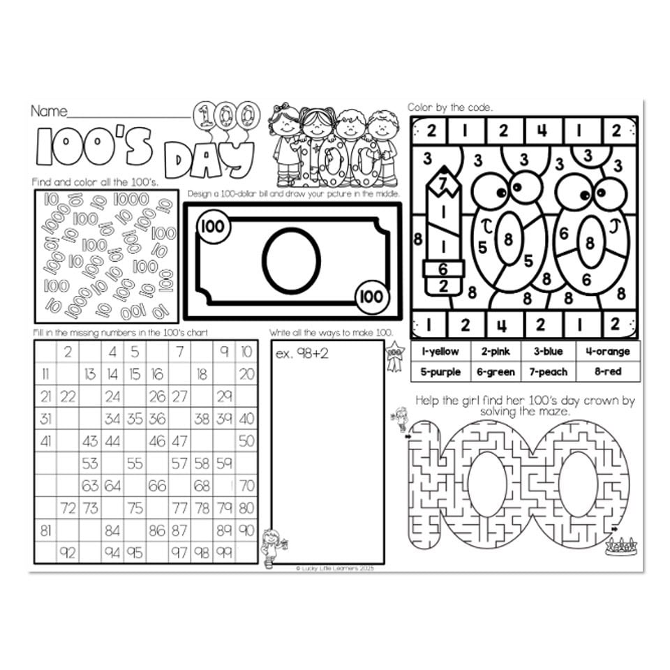 100th Day of School - Placemat - Lucky Little Learners