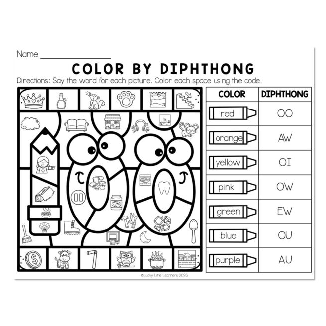 100th Day of School Activities - Phonics - Color by Diphthong - Lucky ...