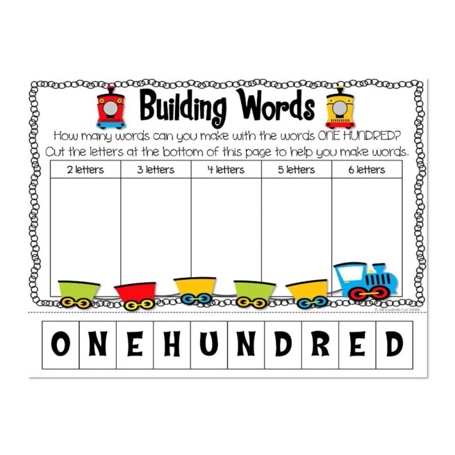 100th Day of School - Building Words - One Hundred - Lucky Little Learners