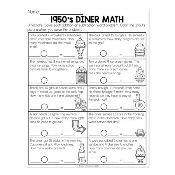 50th Day of School - 1950s Diner Math - Addition and Subtraction Word ...
