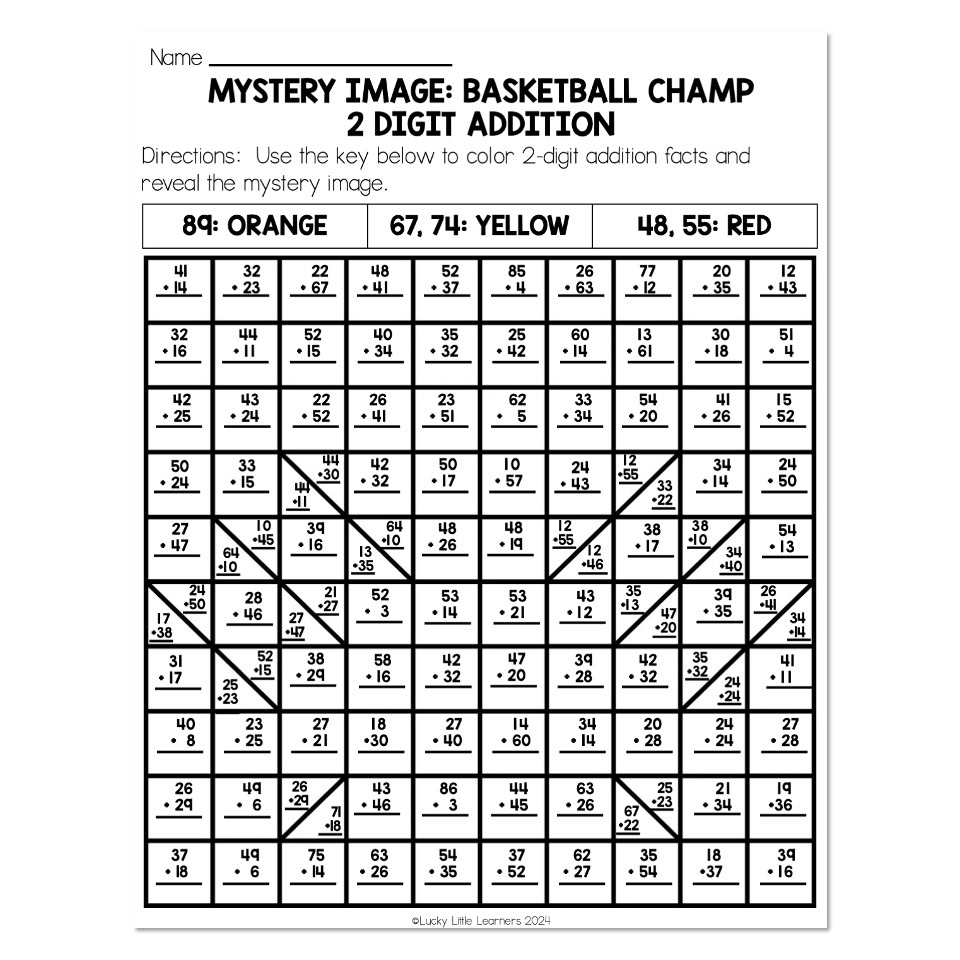 Basketball Transformation - Math - 2-Digit Addition - Mystery Image ...