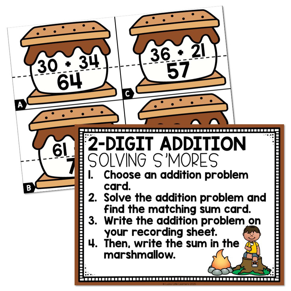 Camp Read a Lot - 2-Digit Addition - Solving S'mores - Lucky Little Learners