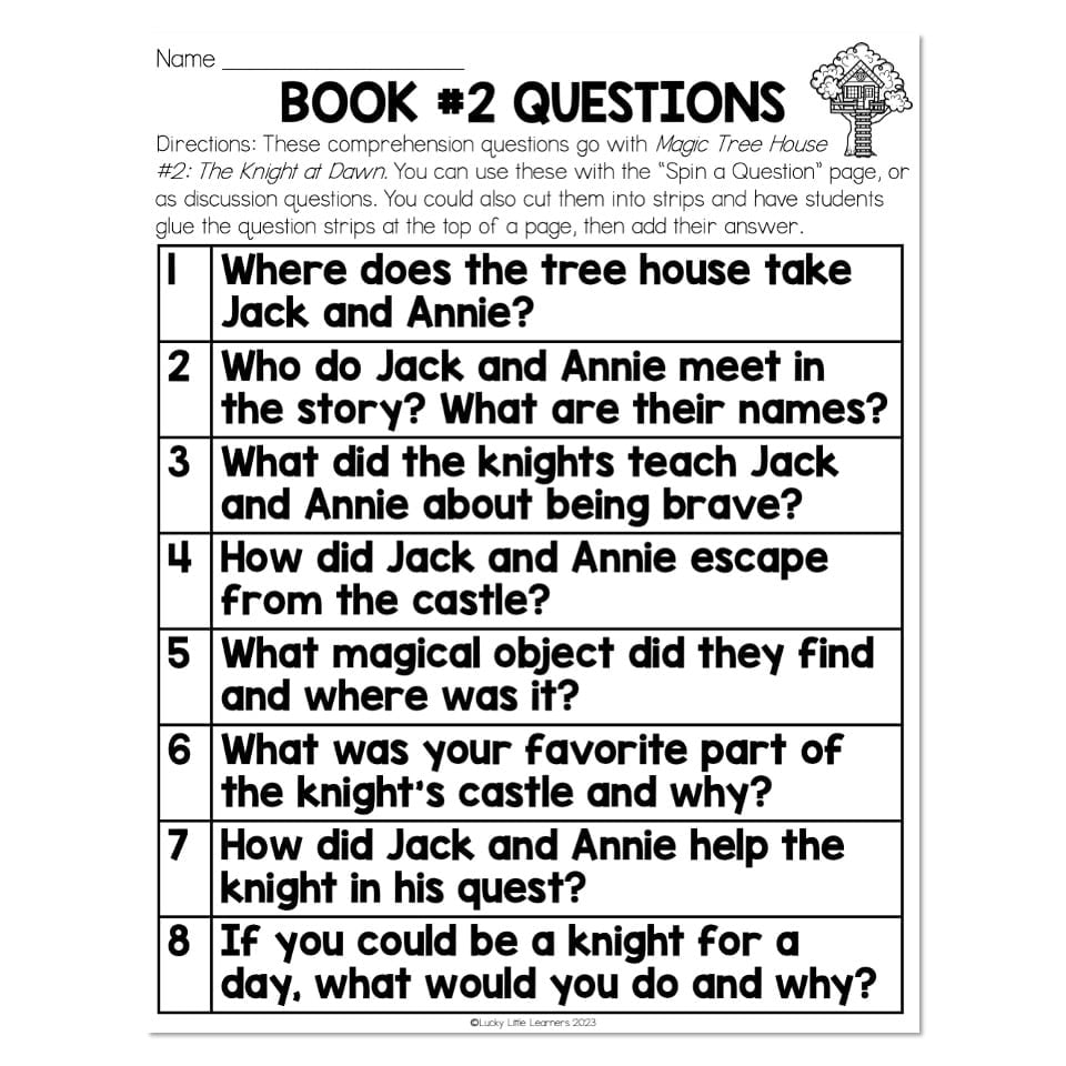 Chapter Book Companion - Magic Tree House - Book 2 Questions - Lucky ...