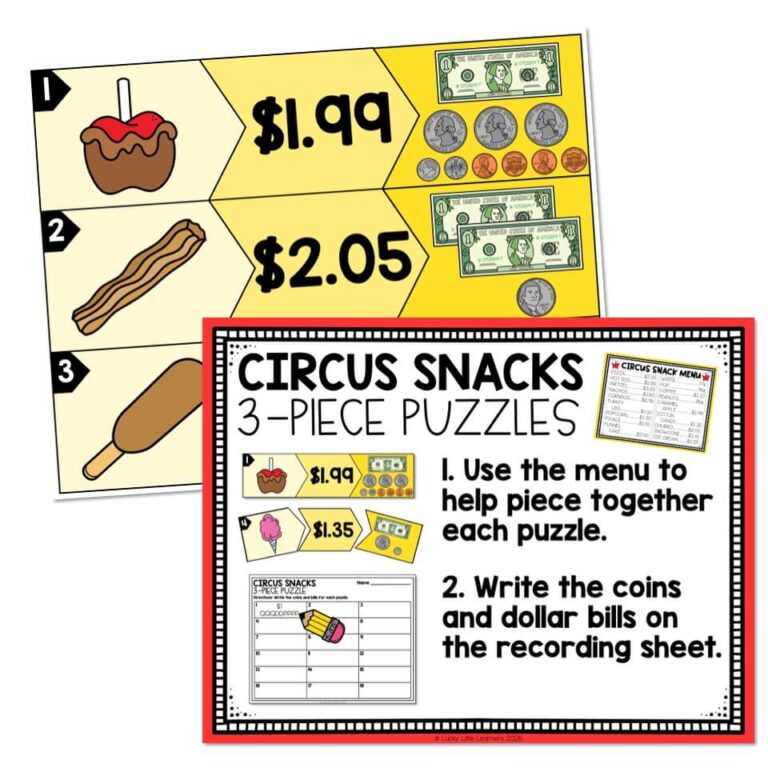 Circus Transformation - Math Center - Money - Circus Snacks Puzzles ...