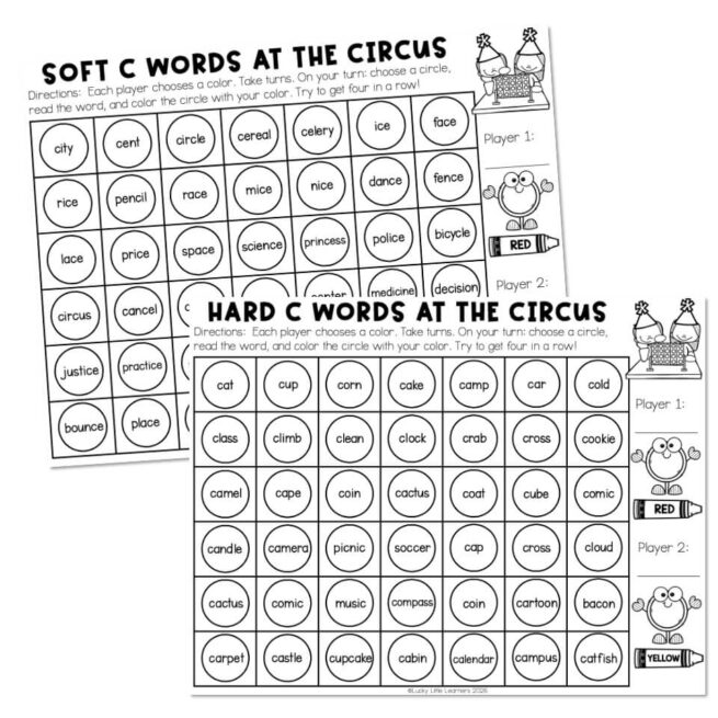 Circus Transformation - Phonics - Hard and Soft C - Connect Four Game ...