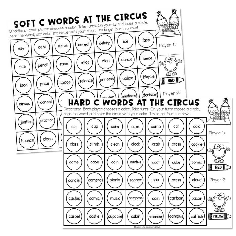 Circus Transformation - Phonics - Hard and Soft C - Connect Four Game ...