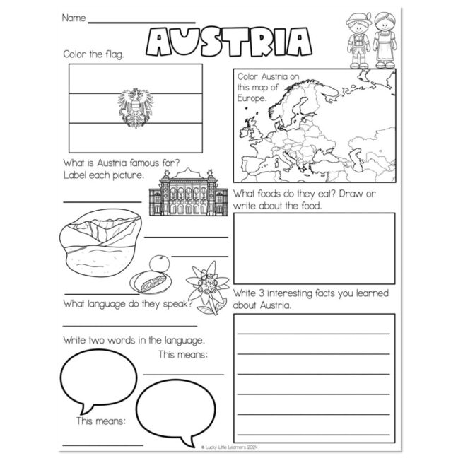 Country Study - Austria - Information Worksheet - Lucky Little Learners