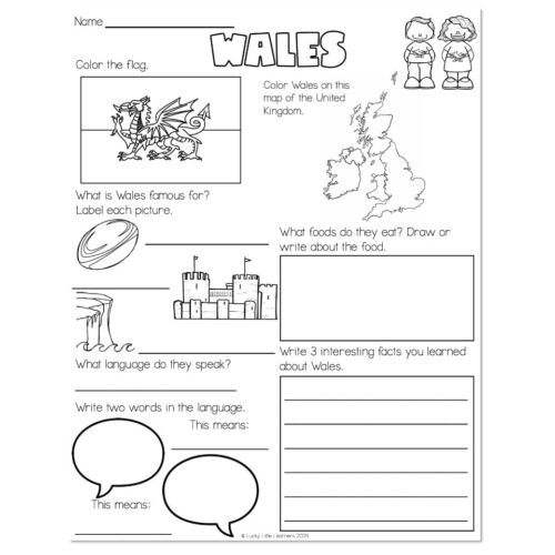 Country Study - Wales - Information Worksheet - Lucky Little Learners