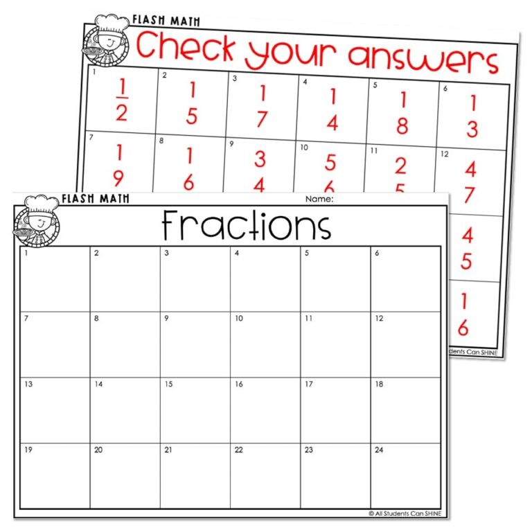 Digital Flash Math Games - Fractions Recording Sheet - Lucky Little ...