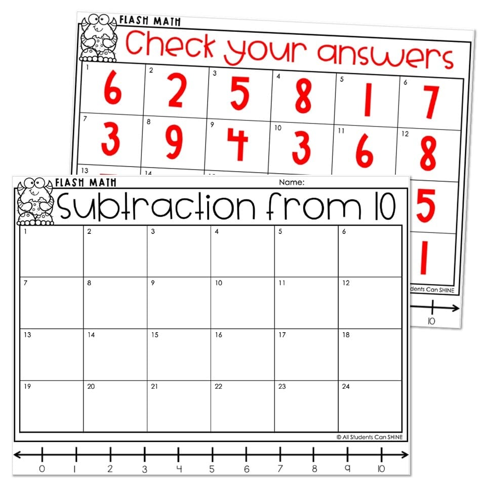 Digital Flash Math Games - Subtraction from 10 Recording Sheet - Lucky ...