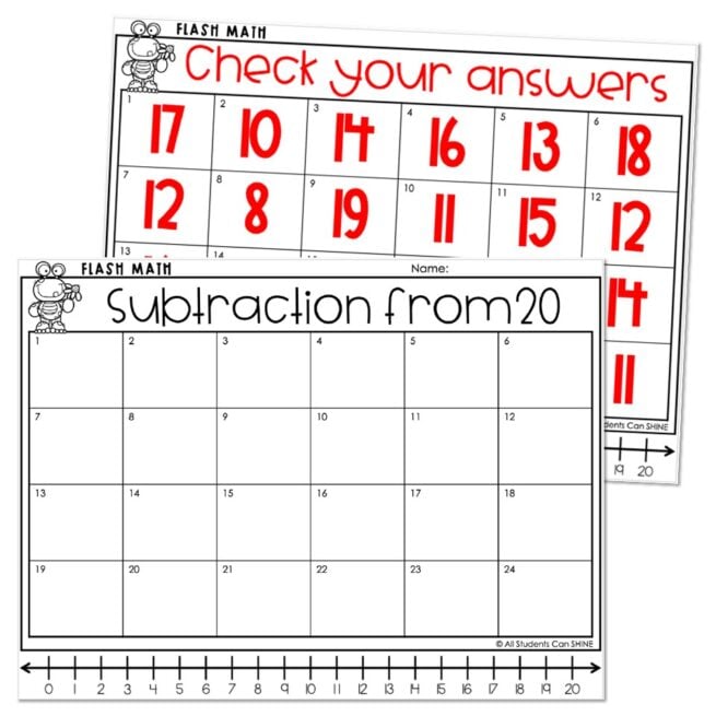 Digital Flash Math Games - Subtraction from 20 Recording Sheet - Lucky ...