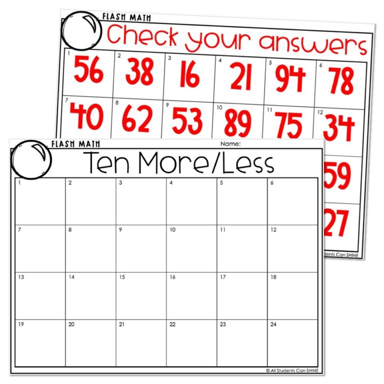 Digital Flash Math Games - Ten More Ten Less Recording Sheet - Lucky ...