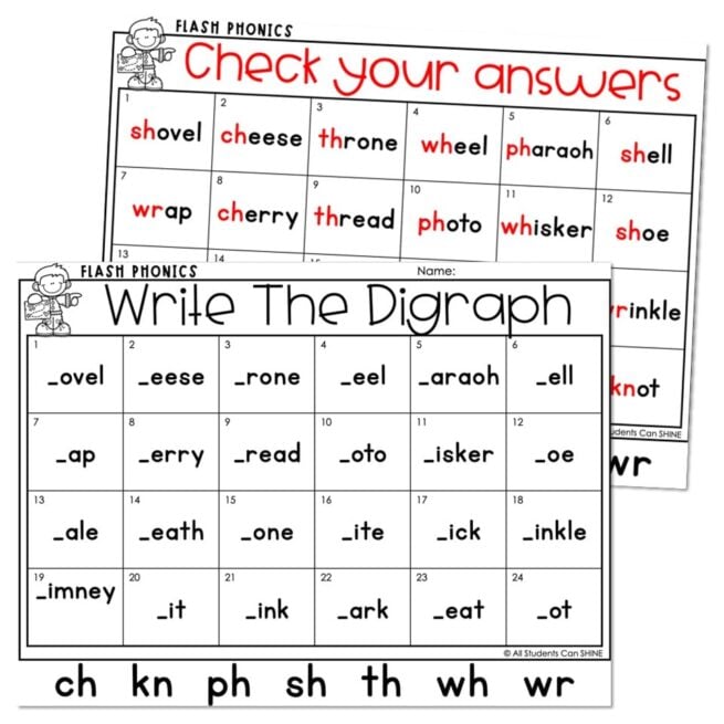 Digital Flash Phonics - Beginning Digraphs Words Recording Sheet ...