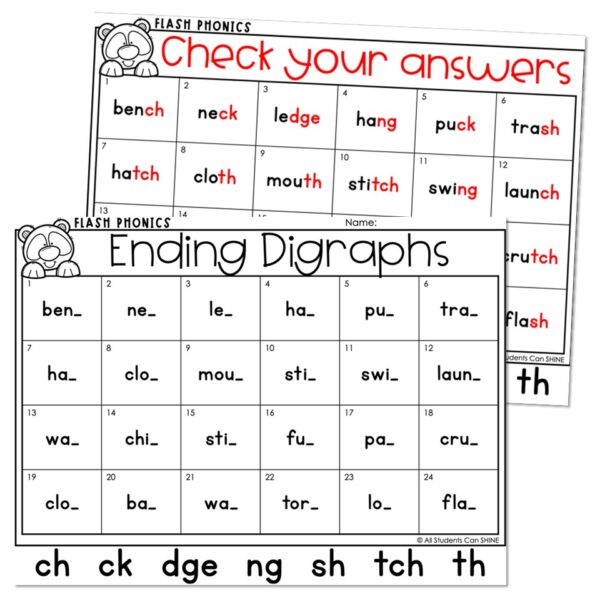 Digital Flash Phonics - Ending Digraphs Words Recording Sheet - Lucky ...