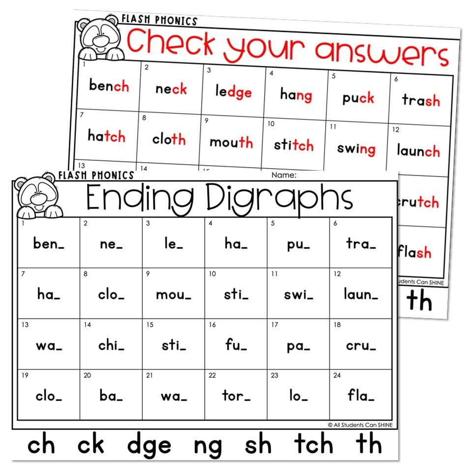 Digital Flash Phonics - Ending Digraphs Words Recording Sheet - Lucky ...