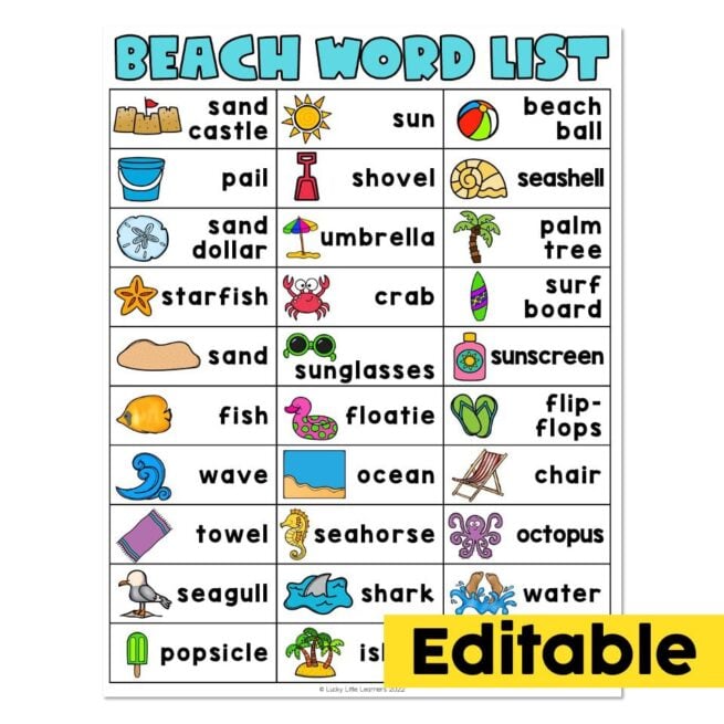Editable Beach Word List - Lucky Little Learners