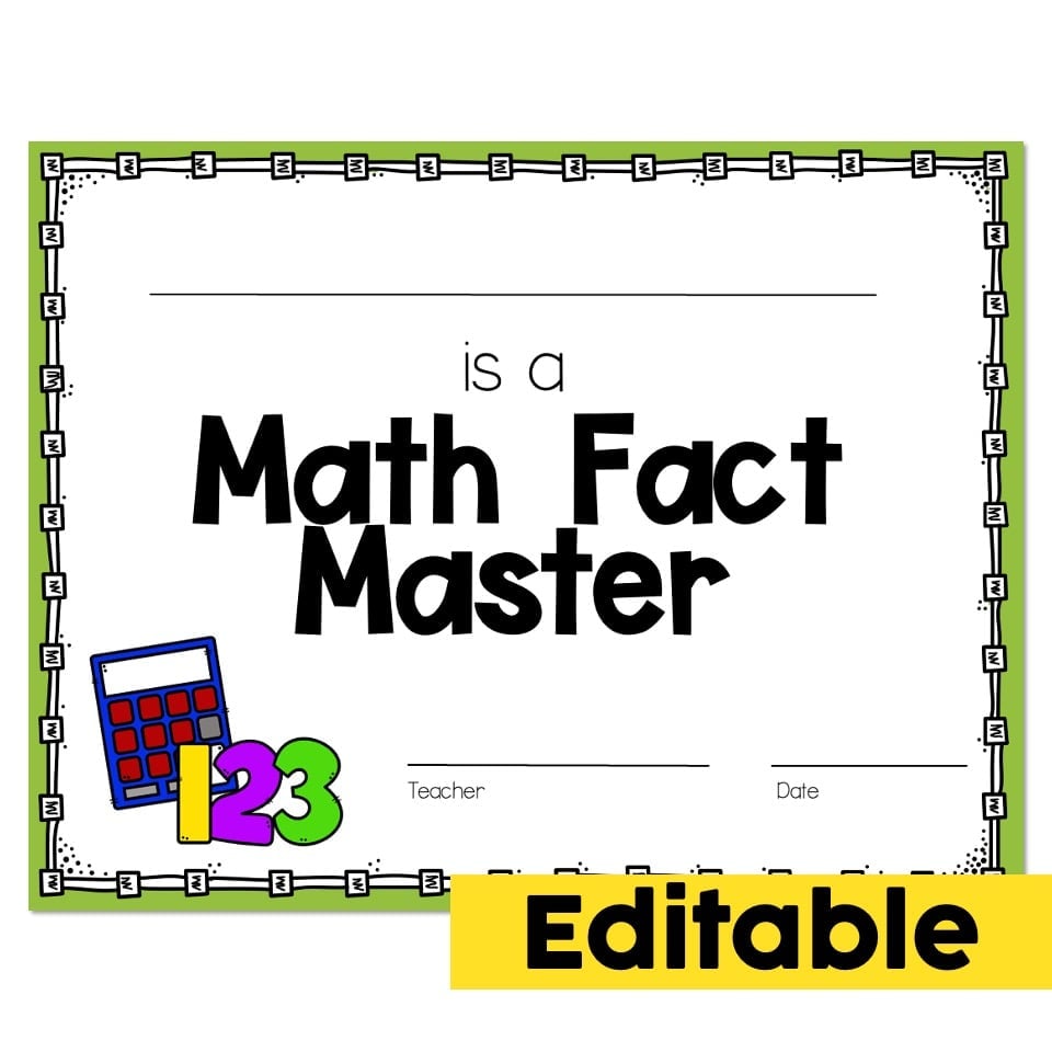 Editable End of Year Awards - Math Fact Master - Lucky Little Learners
