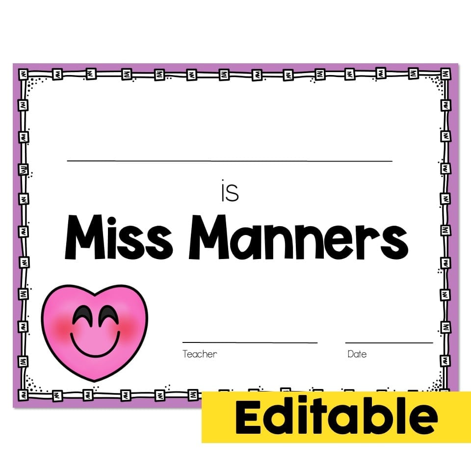 Editable End of Year Awards - Miss Manners - Lucky Little Learners