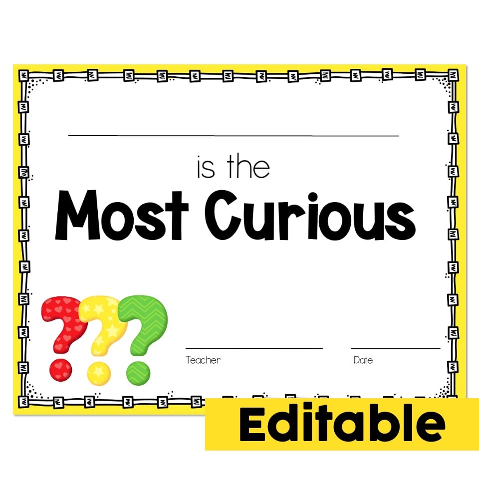 Editable End of Year Awards - Most Curious - Lucky Little Learners