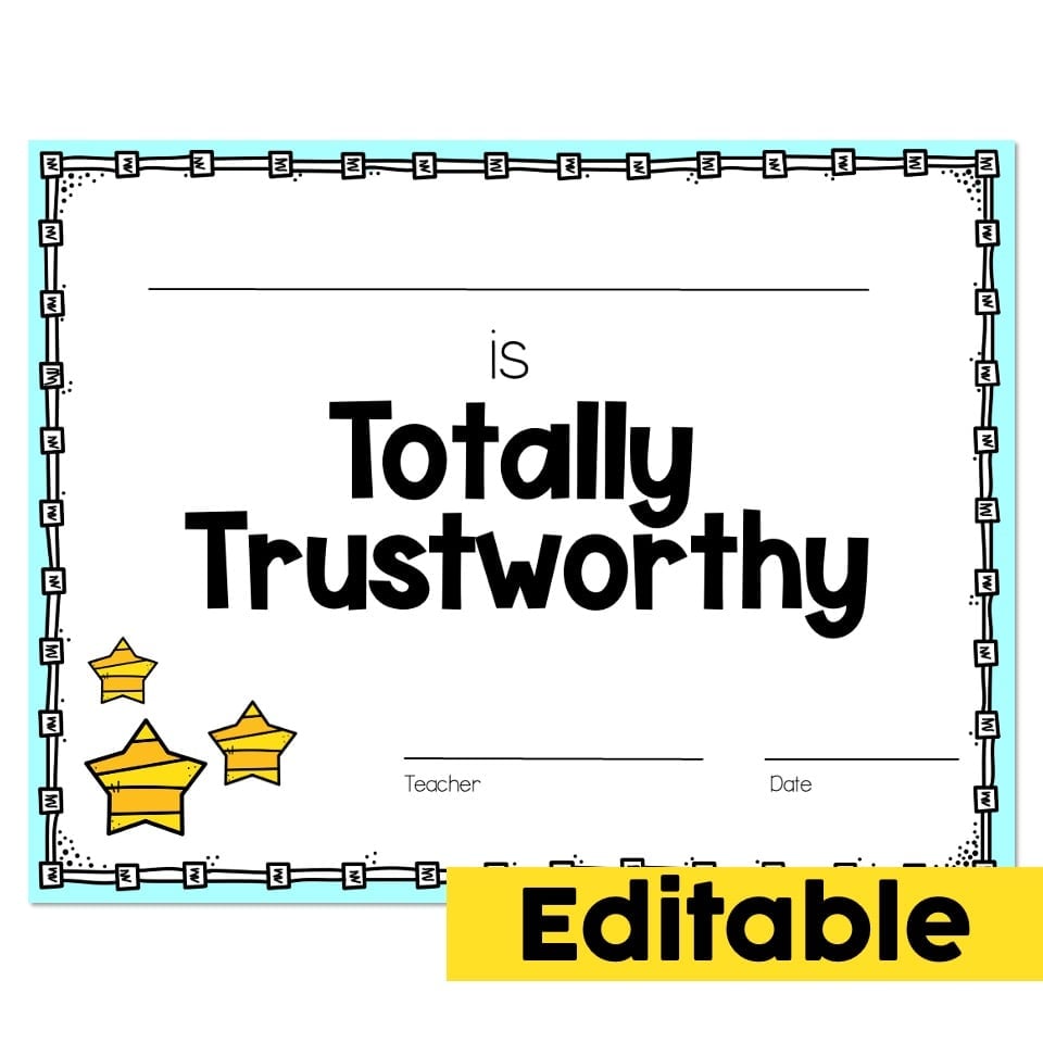 Editable End of Year Awards - Totally Trustworthy - Lucky Little Learners