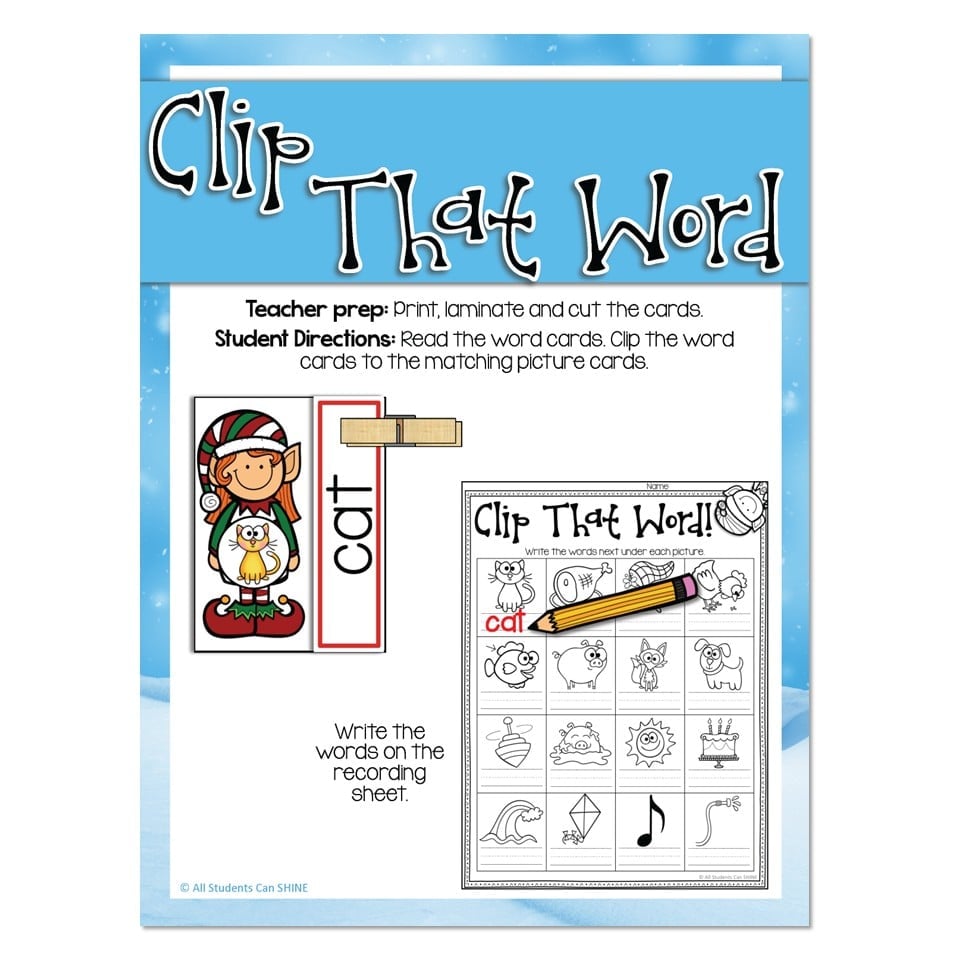 Elf Centers - Literacy - Clip That Word - Lucky Little Learners