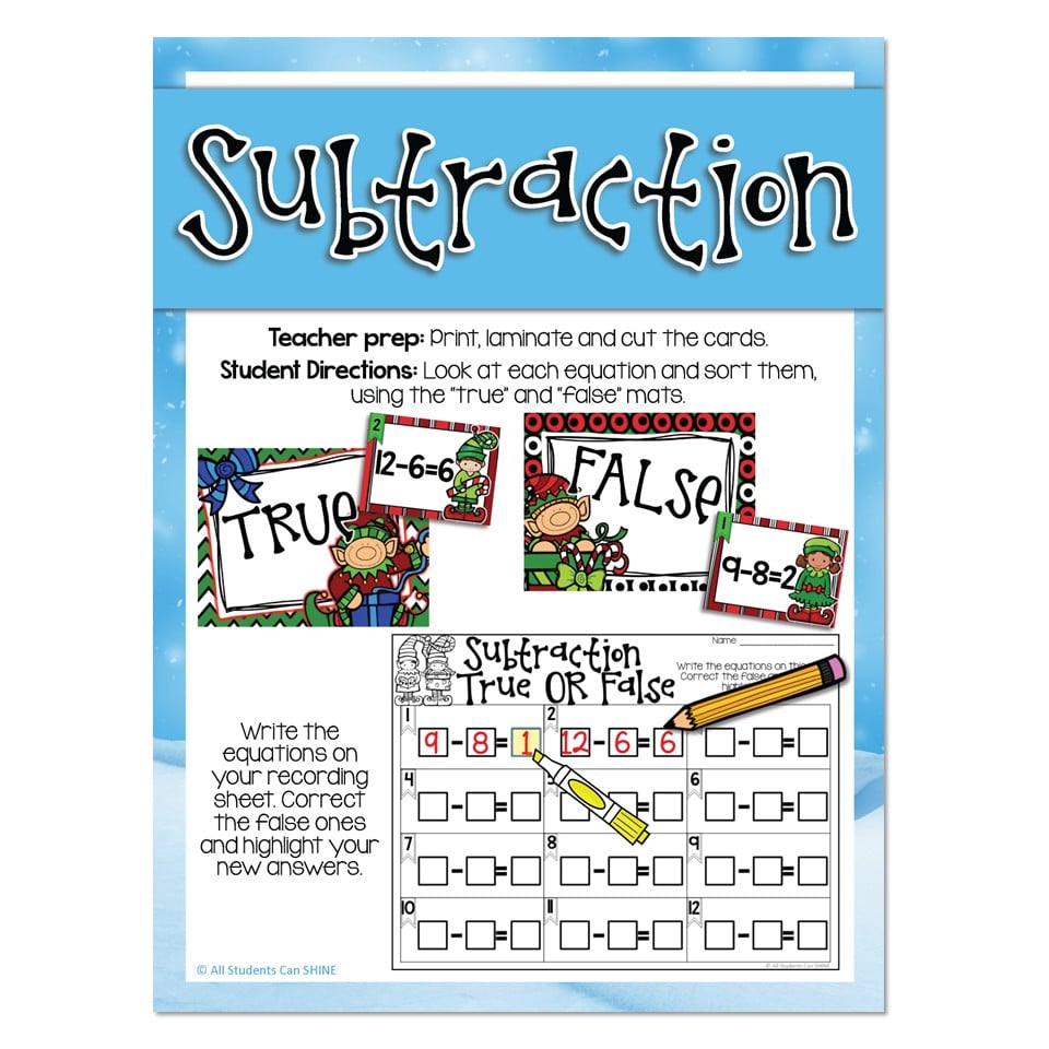 Elf Centers - Math - Subtraction - Lucky Little Learners