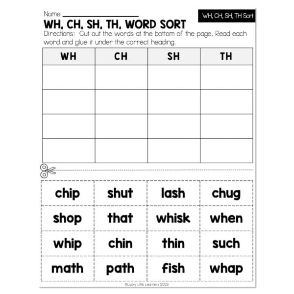 Lucky to Learn Phonics - Digraphs WH CH SH TH - Word Sort - Lucky ...