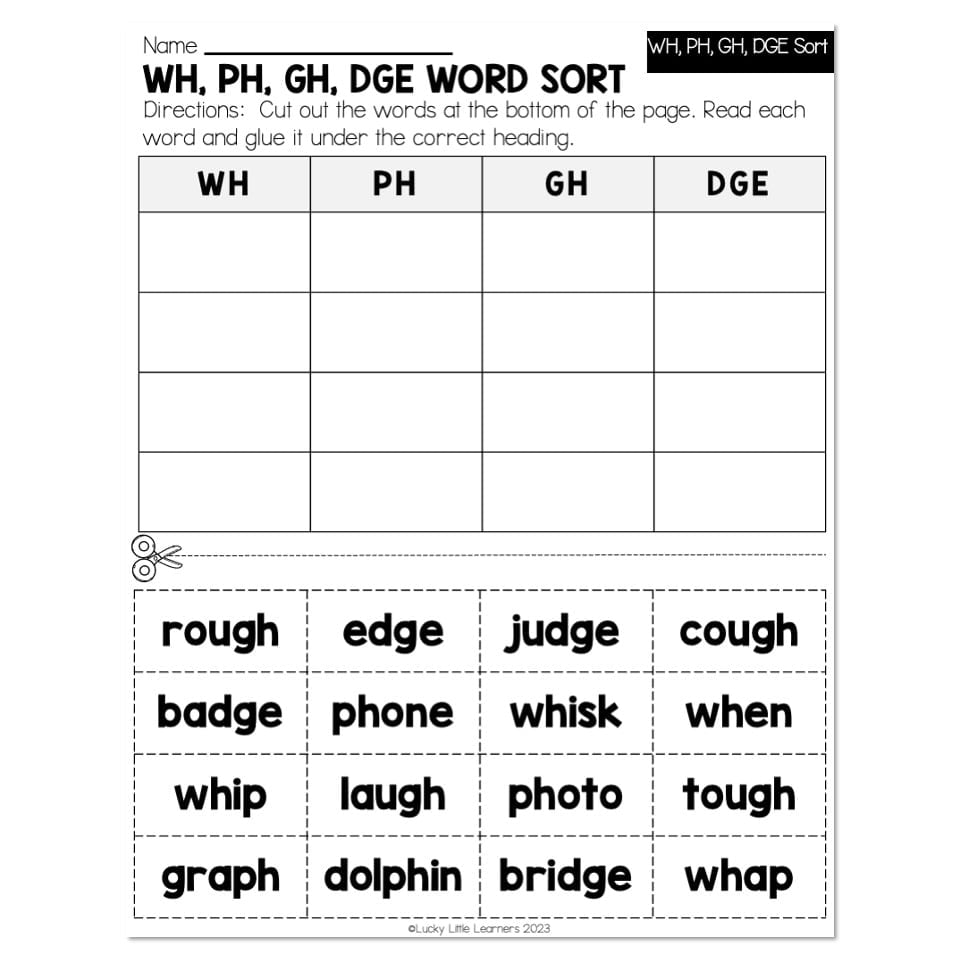 Lucky to Learn Phonics - Digraphs WH PH GH DGE - Word Sort - Lucky ...