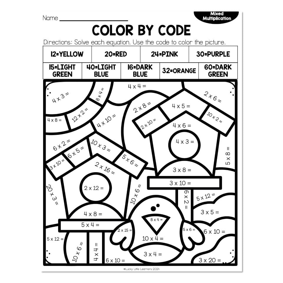 Mixed Multiplication Spring Color by Code - Bird and Birdhouses - Lucky ...