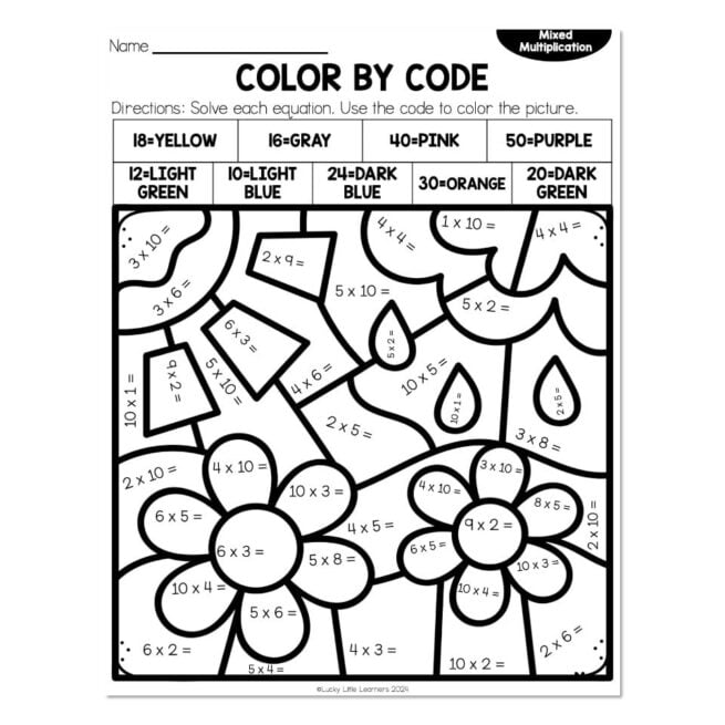 Mixed Multiplication Spring Color by Code - Sun Rain and Flowers ...