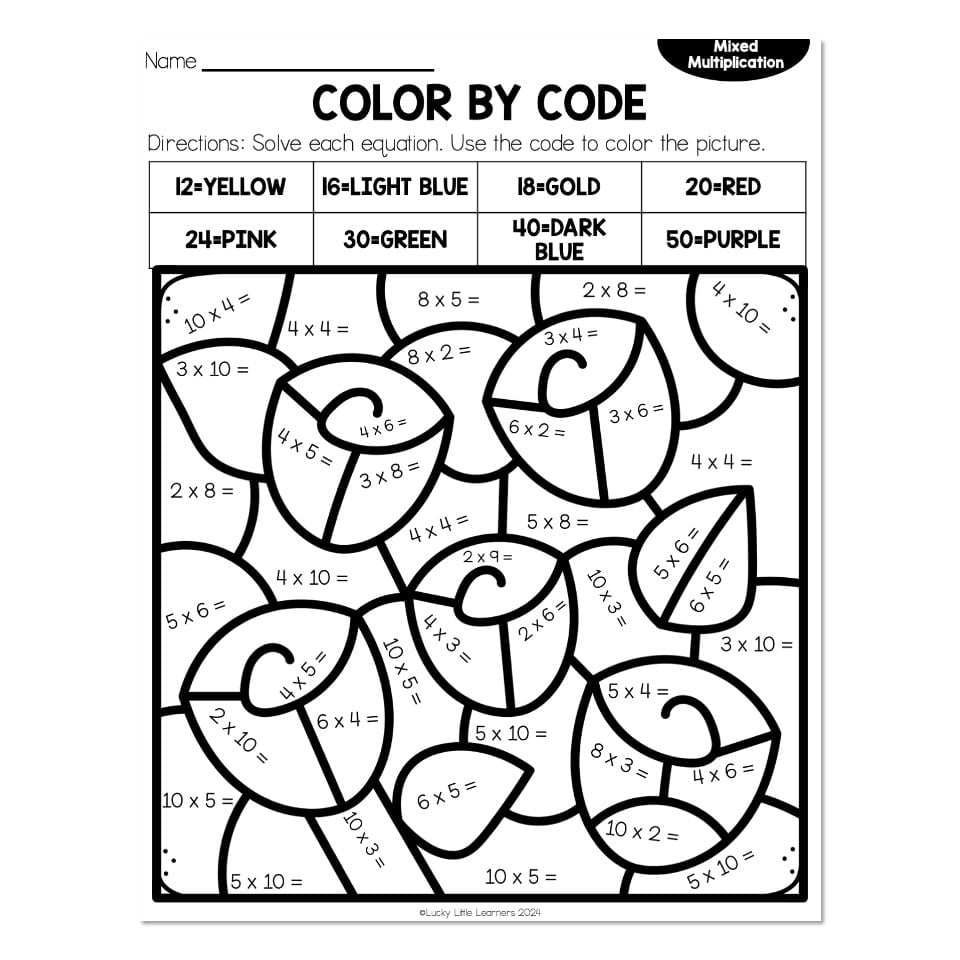 Mixed Multiplication Valentine's Day Color by Code - Roses - Lucky ...