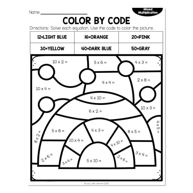 Mixed Multiplication Winter Color by Code - Igloo - Lucky Little Learners