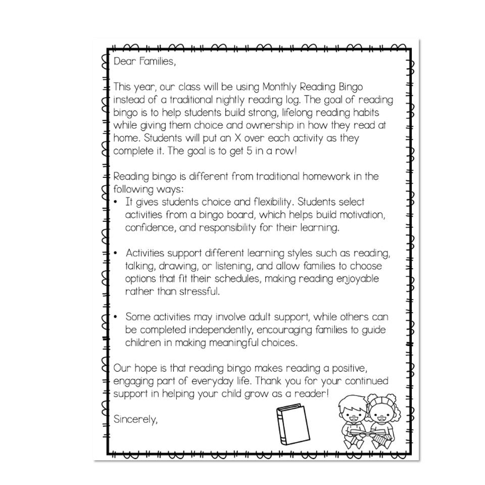 Monthly Reading Bingo - Parent Letter - Lucky Little Learners