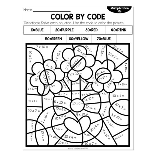 Multiplication by 10 Valentine's Day Color by Code - Flower Vase ...
