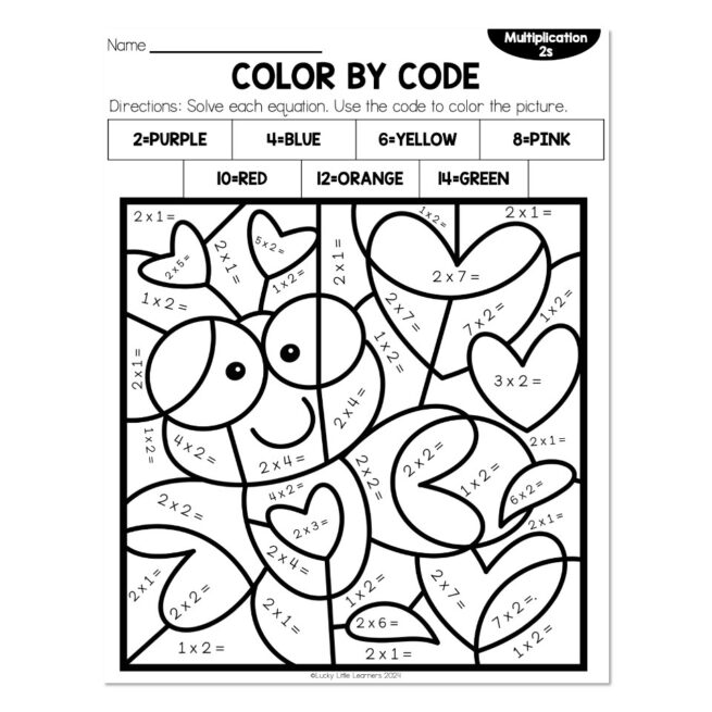 Multiplication by 2 Valentine's Day Color by Code - Love Bug - Lucky ...