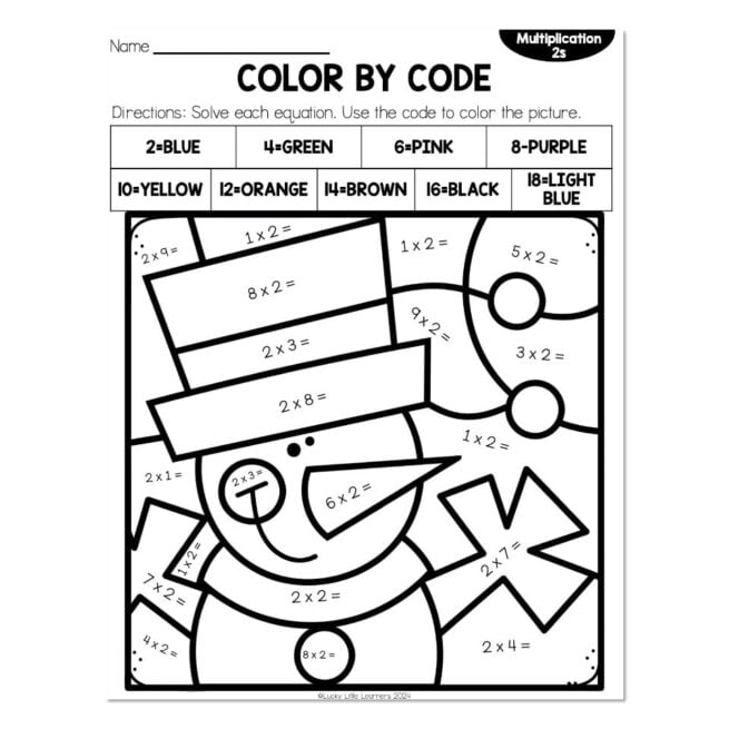 Multiplication by 2 Winter Color by Code - Snowman - Lucky Little Learners