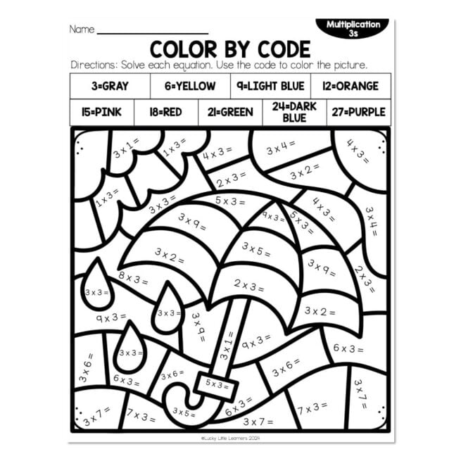 Multiplication by 3 Spring Color by Code - Rain and Umbrella - Lucky ...