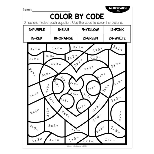 Multiplication by 3 Valentine's Day Color by Code - Box of Chocolates ...