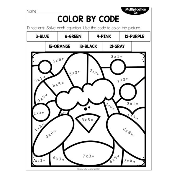 Multiplication by 3 Winter Color by Code - Penguin with Hat - Lucky ...