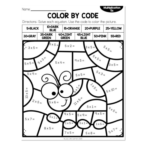 Multiplication by 5 Spring Color by Code - Ladybug - Lucky Little Learners